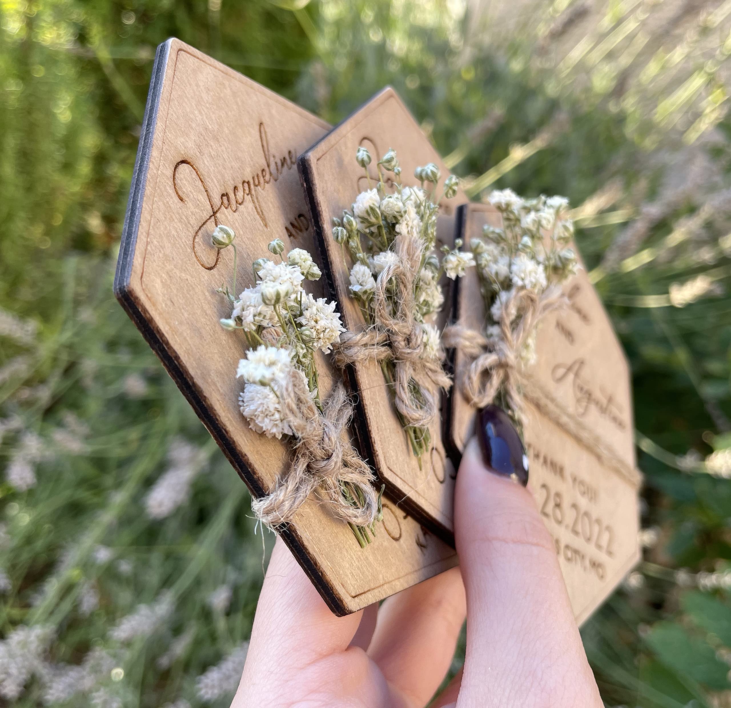vitawed Hexagon Floral Wedding Favors, Personalized Wedding Favor, Wooden Magnet with Envelopes and Stickers, Pack of 8 to 300