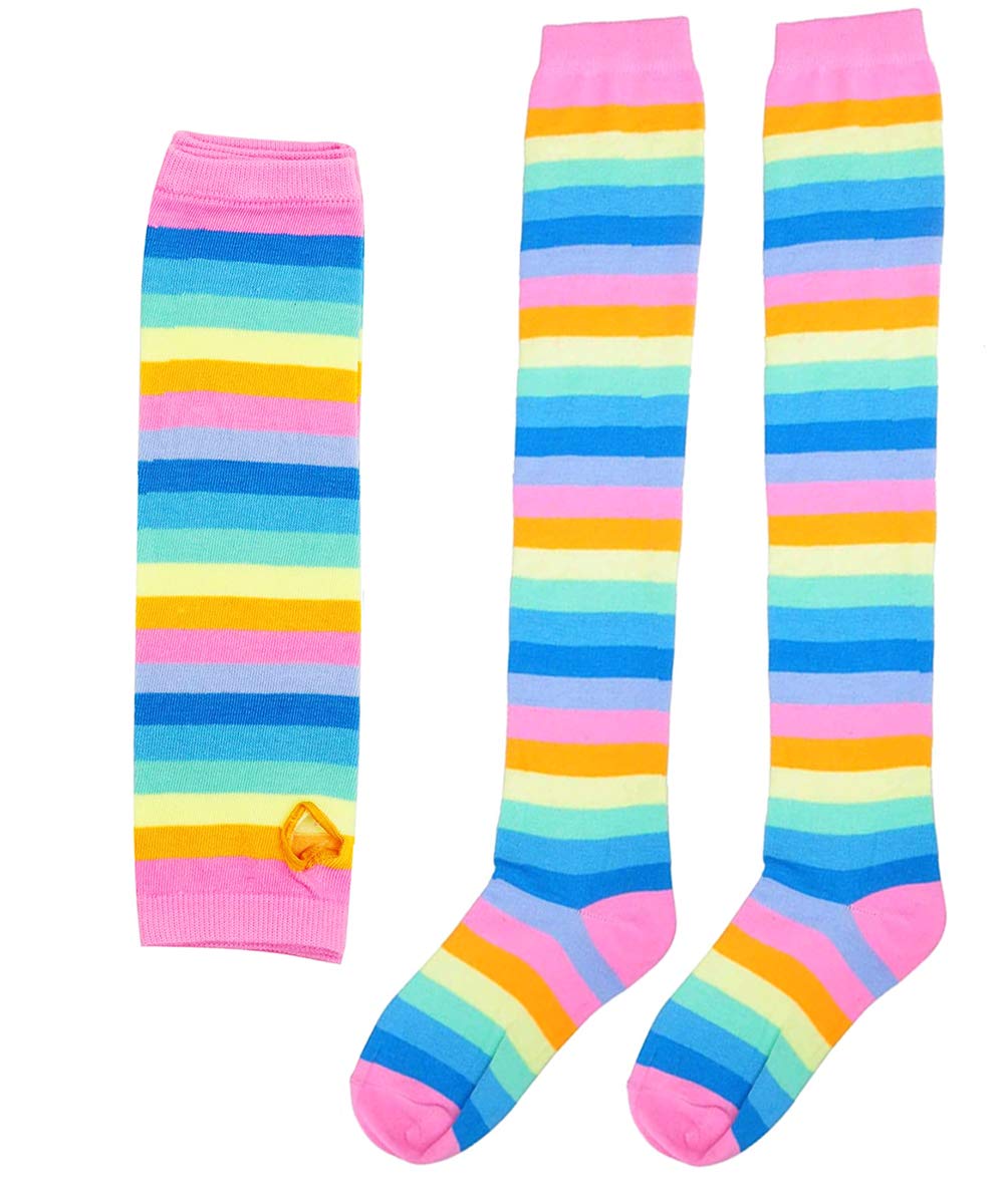 SherryDC Womens Girls Cosplay Rainbow Striped Knee High Socks Leg Arm Warmer Fingerless Gloves Set