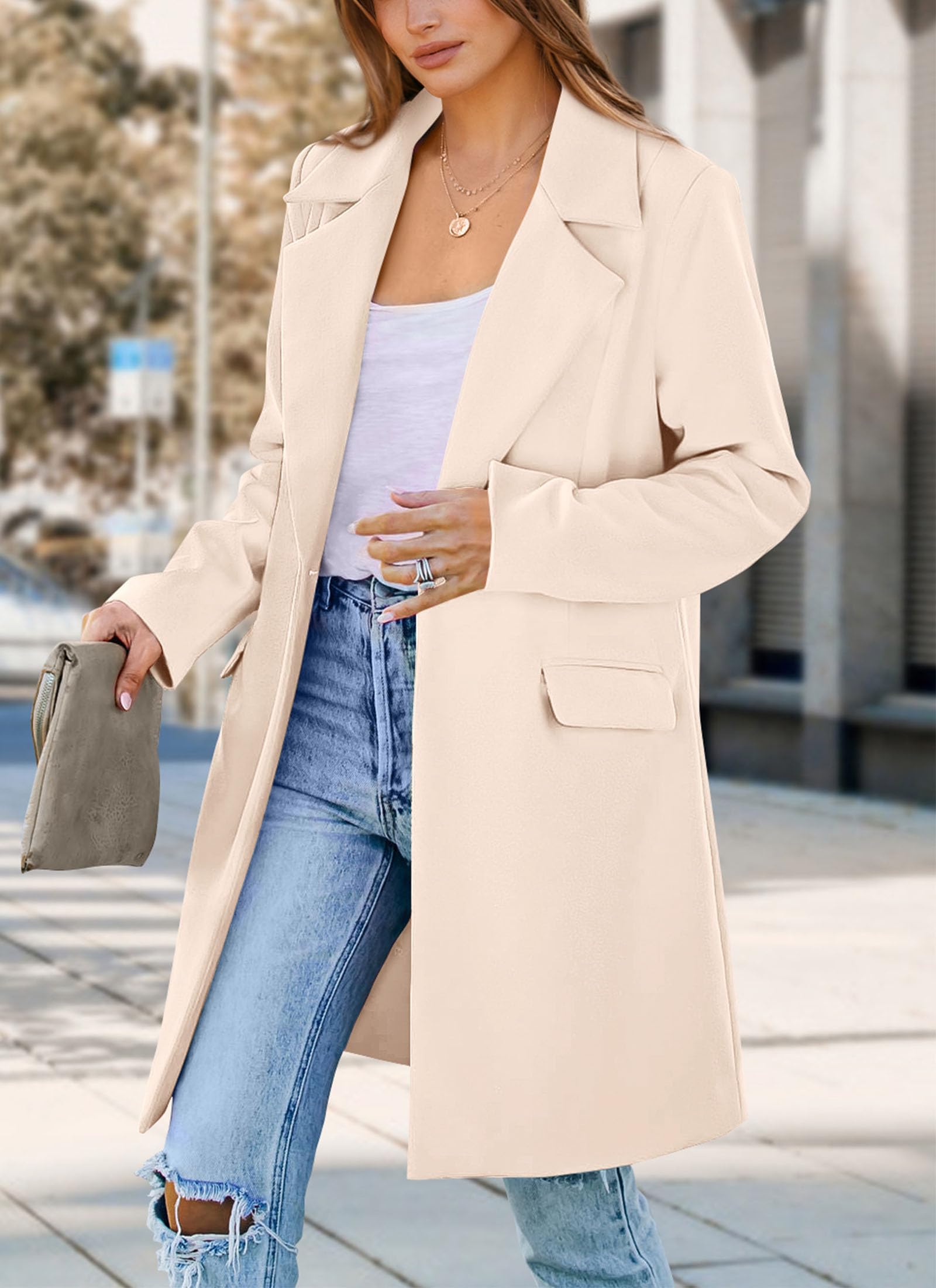 PRETTYGARDEN Women's 2024 Fall Long Blazer Jackets Long Sleeve Lapel Pockets Loose Fit Work Casual Blazers Outerwear (Beige,Small)