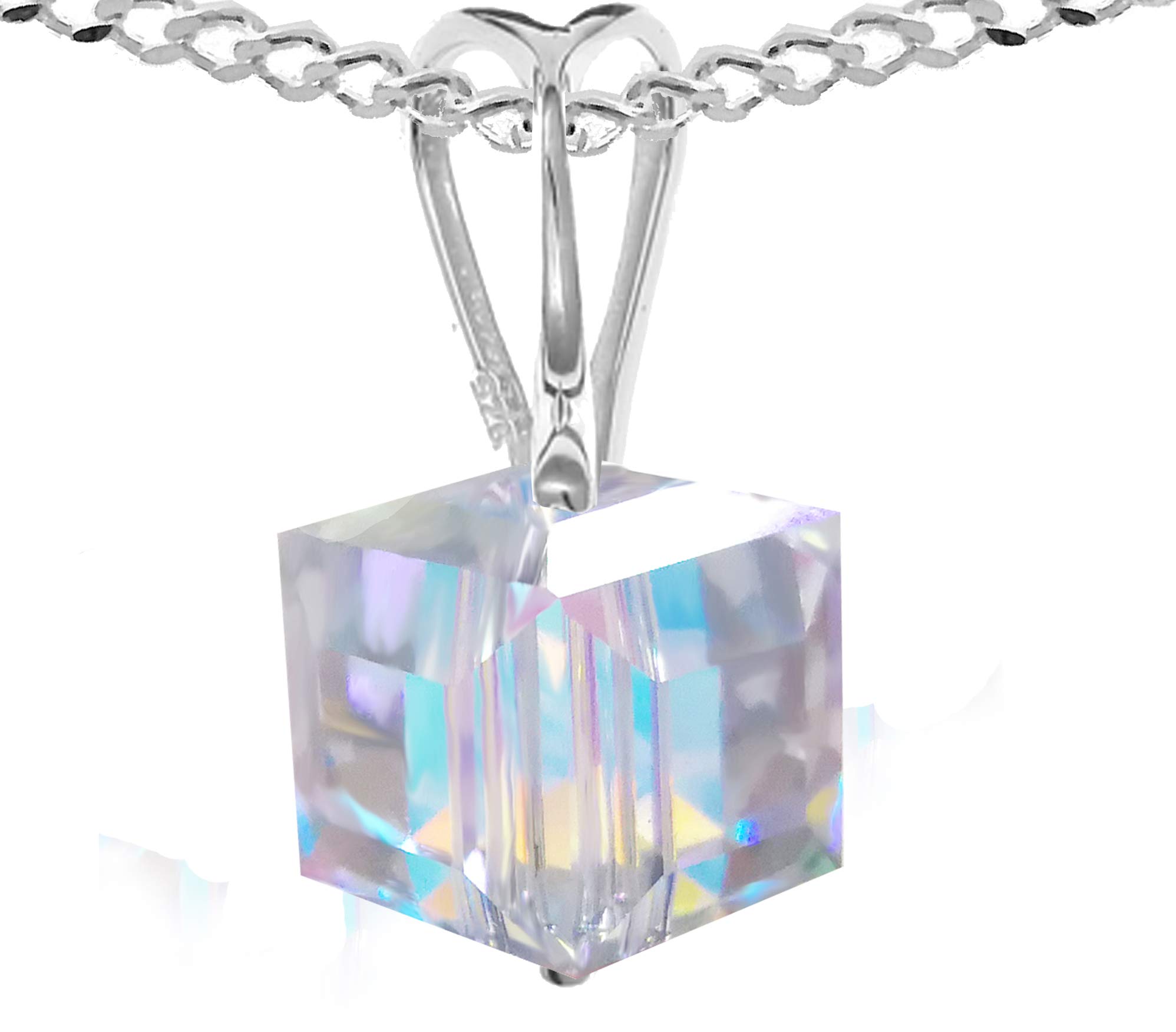 ROYAL CRYSTALS Cube Necklace made with Sterling Silver 925 and Imitation of Crystals Aurora Borealis Charm, 18inches