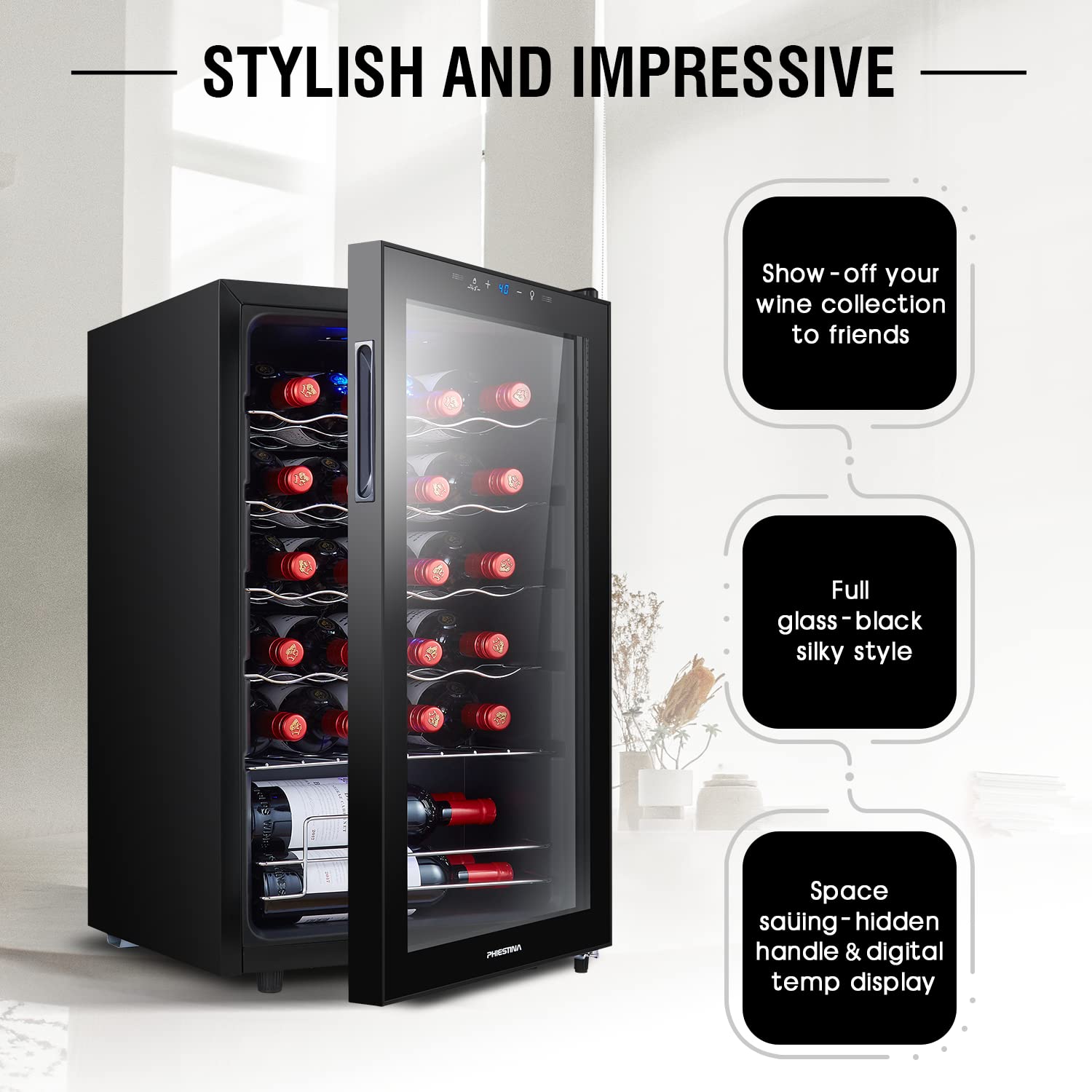 Phiestina Wine Cooler Beverage Refrigerator Freestanding Wine Refrigerator,24 Bottles or 20 Bottles 14 cans Beer Fridge,Removable Shelves Interior Lighting Digital Touch Control for Home/Bar/Office