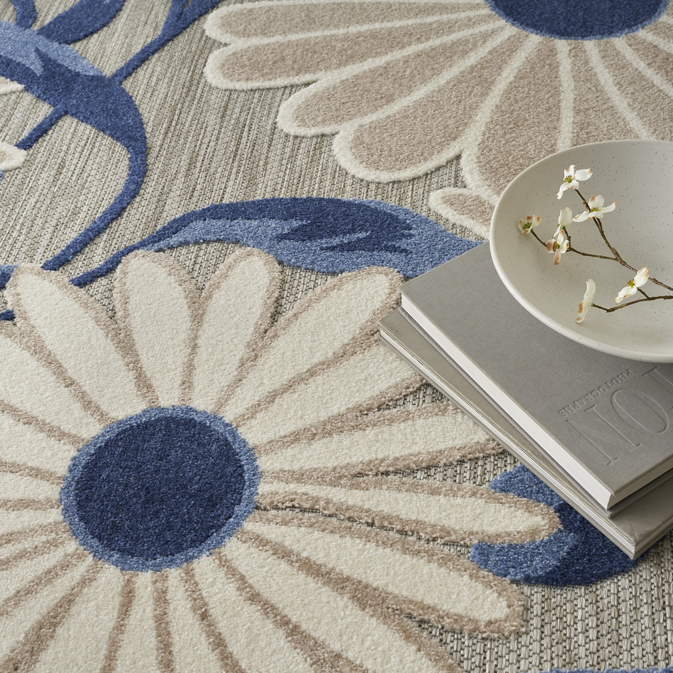Nourison Aloha Indoor/Outdoor Blue/Grey 3'6" x 5'6" Area Rug, Easy Cleaning, Non Shedding, Bed Room, Living Room, Dining Room, Kitchen (4x6)