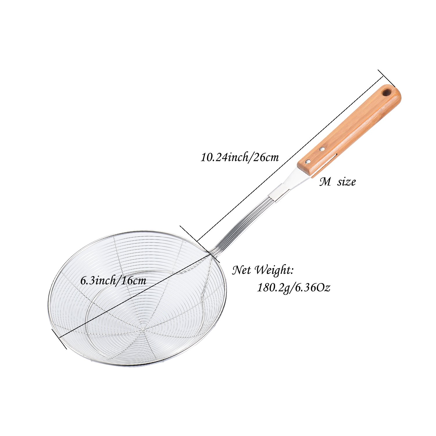 TENTA TENTA KITCHEN Stainless Steel Skimmer Strainer, Wire Skimmer with Spiral Mesh Bamboo Handle Spoon/Ladle for Spaetzle/Pasta/Chips (1pc M Size)
