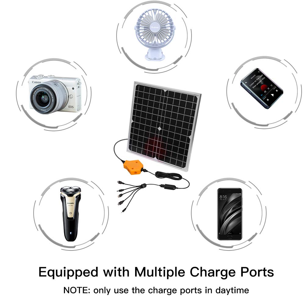 Roopure 20W Solar Panel Light Kit Off Grid Pendant Lights Remote Control Solar Powered Shed Lights 4 LED Bulbs Detachable 16.5FT Cord, Outdoor Emergency, Cellphone Charge Output, Camping Power Supply