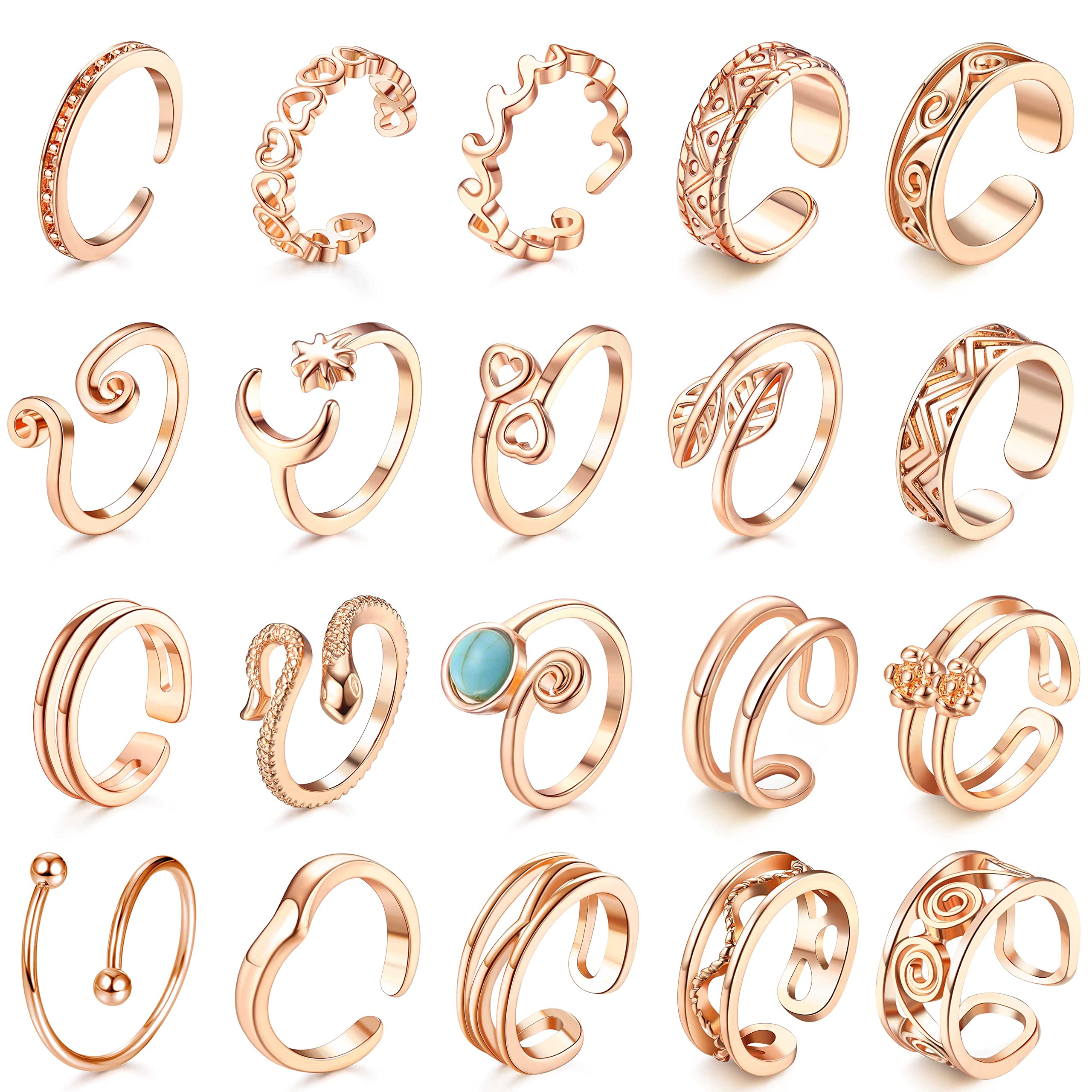 Subiceto 20pcs Adjustable Toe Rings for Women Moon Star Wave Heart CZ Band Leaf Gold Silver Rose Gold Tone Beach Open Toe Ring Set RG