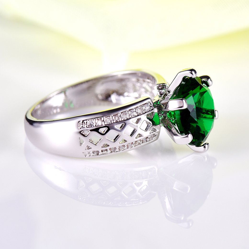 Veunora Silver Plated Round Cut Created Emerald Quartz Green Cubic Zirconia Filled Women Hollow Band Ring Size 9