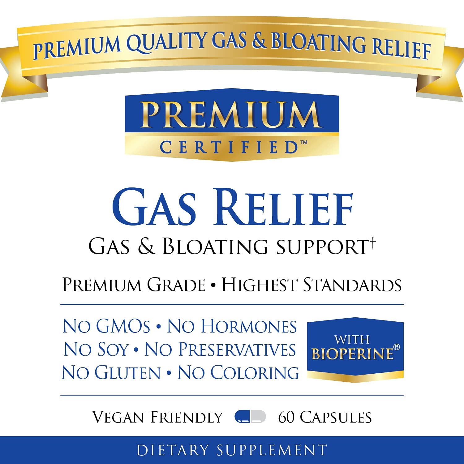 Premium Certified Gas Relief - Soothe Digestive Tract and Bloating - 60 Capsules - with Artichoke, Ginger, and Fennel, Curcumin C3 Turmeric Complex - Non-GMO, Vegan, Made in USA