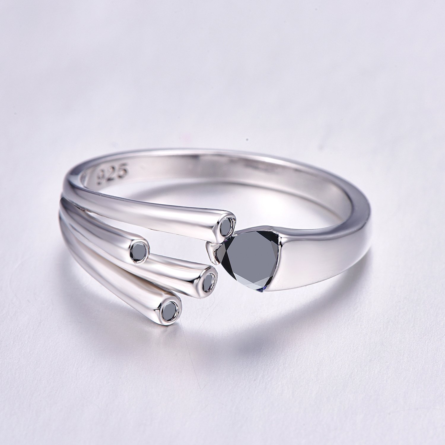 Psiroy 925 Sterling Silver Plated Simulated Black Spinel Trillion Cut Contemporary Branch Ring for Women Size 7