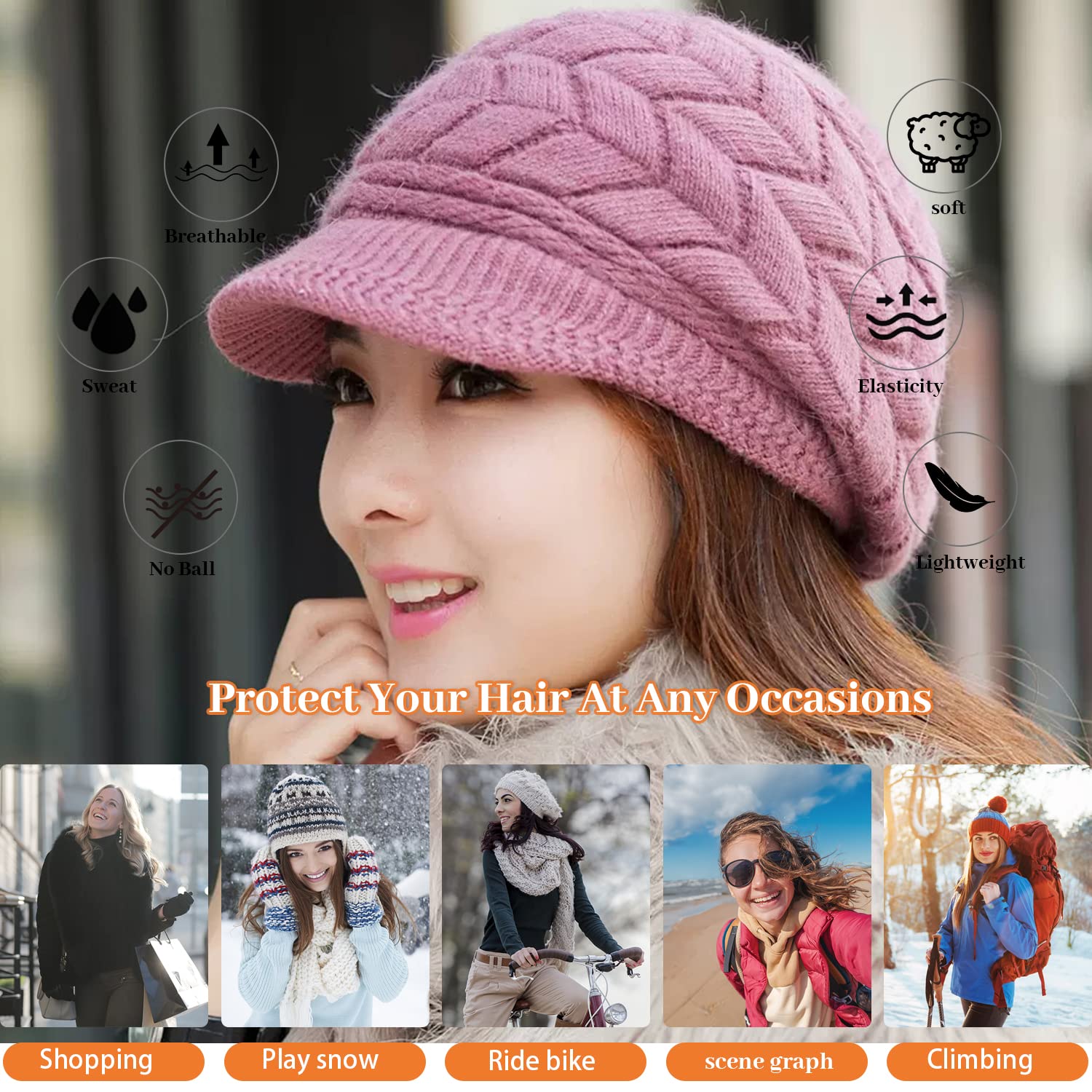 Weradau Women Winter Hat,Soft Wool Knit Beanie Hat for Women,Fleece Lined Snow Ski Caps Slouchy Winter Hat with Vsior