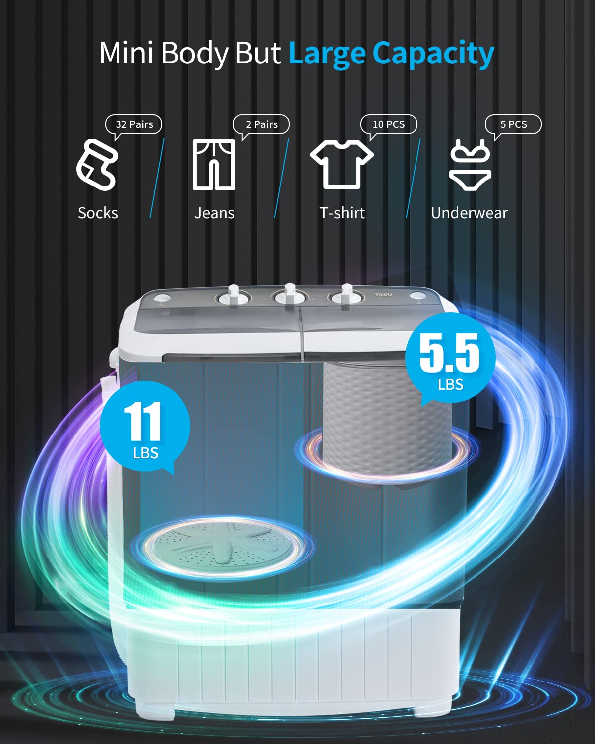 Portable Washing Machine, 2 in 1 Washer Machine, Twin Tub Washing and Spining Combo Machine, 17.6LBS Portable Washer for Apartment, Dorms, RVs, Camping and More (Grey)