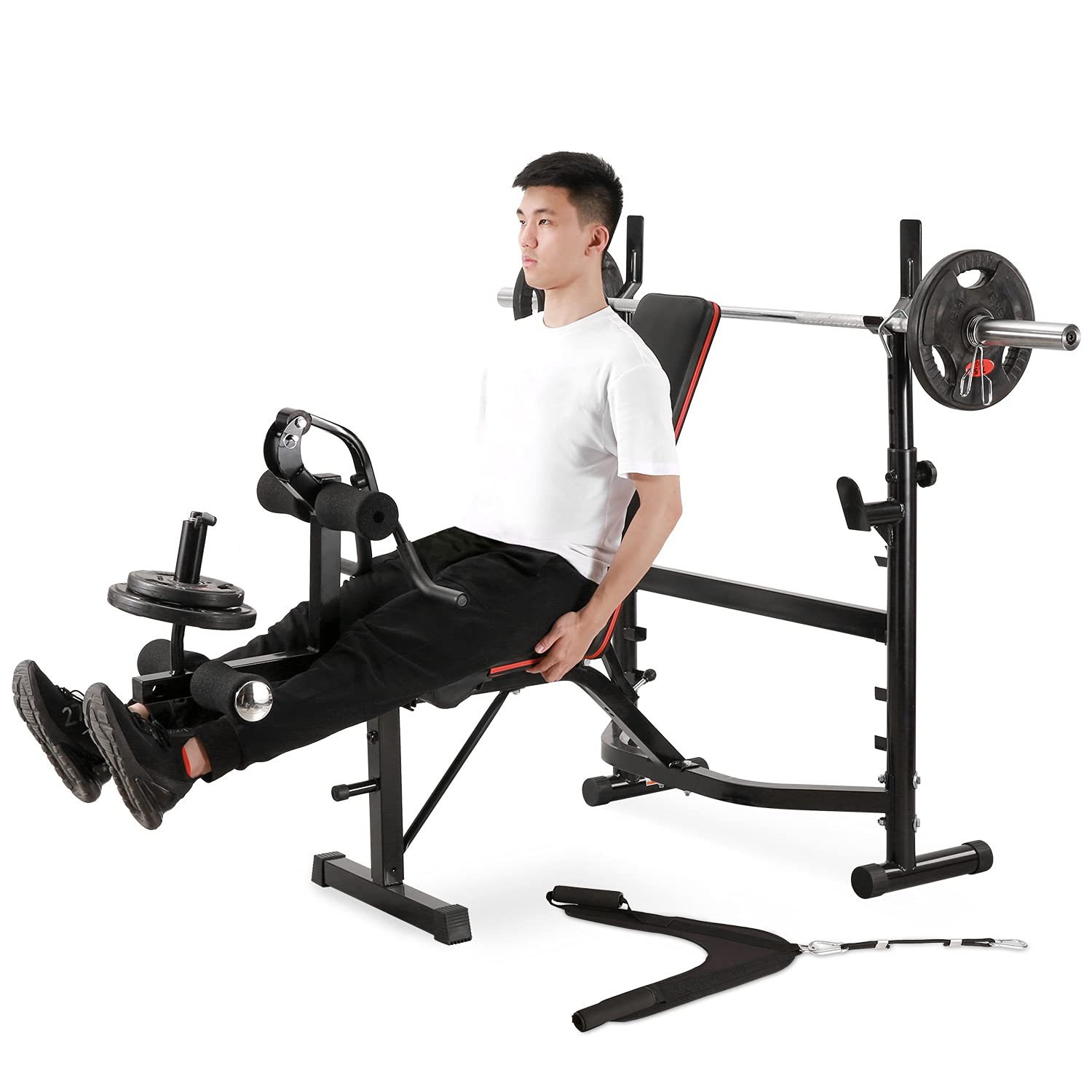 Olympic Weight Bench Adjustable Weight-Lifting Bed Exercise Bench Workout Bench with Squat Rack Leg Extension Preacher Curl Bench for Full Body Workout in Home Gym