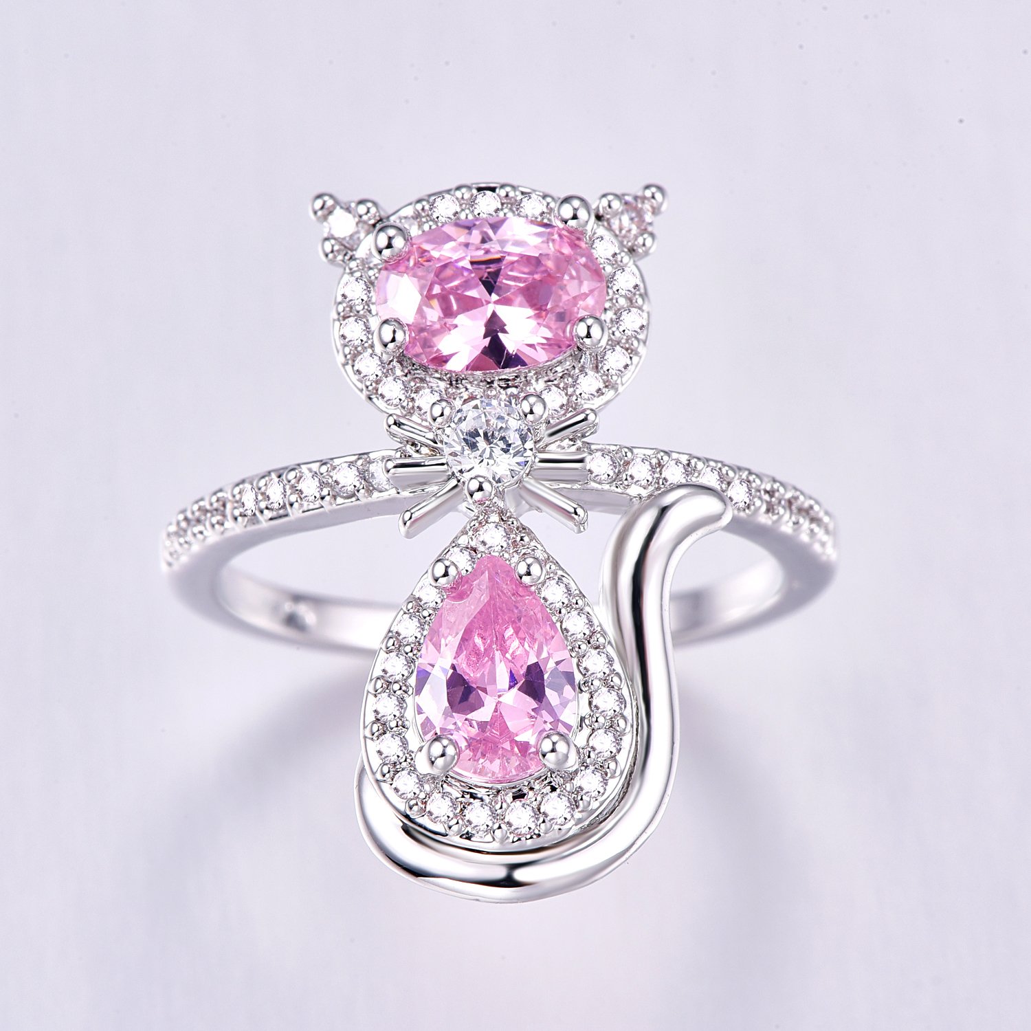 Psiroy 925 Sterling Silver Plated Simulated Pink Topaz Oval Cut Cute Cat Fashion Ring for Women Size 7