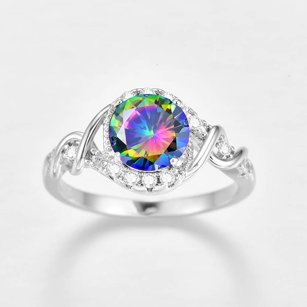 Psiroy 925 Sterling Silver Plated Created Rainbow Topaz Filled Anniversary Ring for Women Size 8