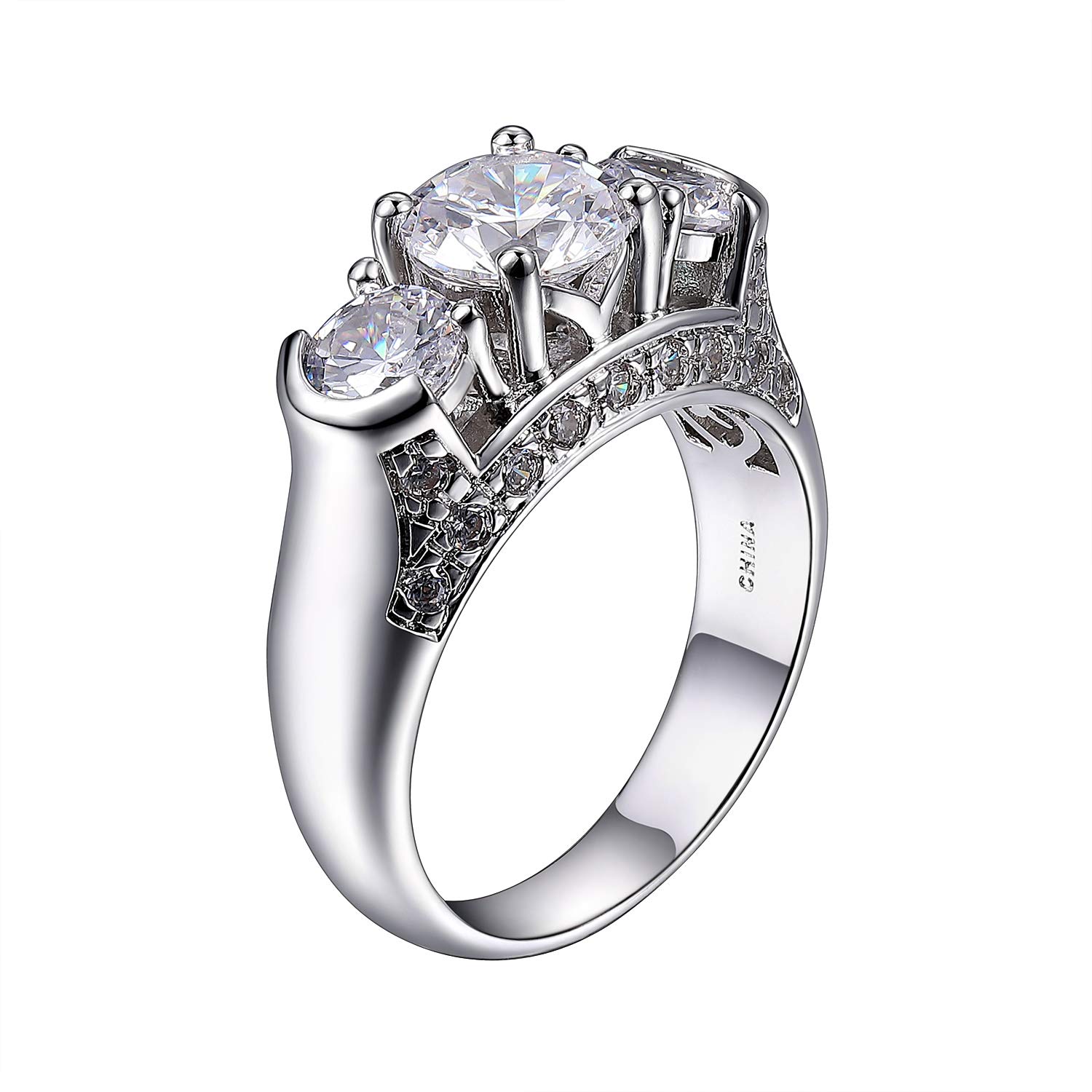Platinum Plated .925 Sterling Silver 7mm Cubic Zirconia Three-Stone Semi Bezel-Set Ring, Size 7