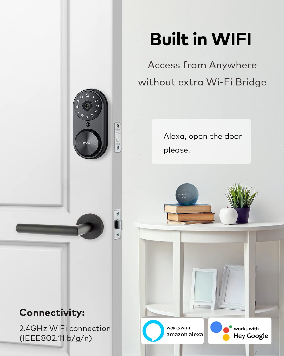 Revolo WFV01 Smart Lock with Camera, WiFi Smart Video Lock, Keyless Entry Door Lock, Doorbell Camera Wireless with Chime, Supports App Control, 1080P HD Video, Alexa Enable, Auto-Locking, Black