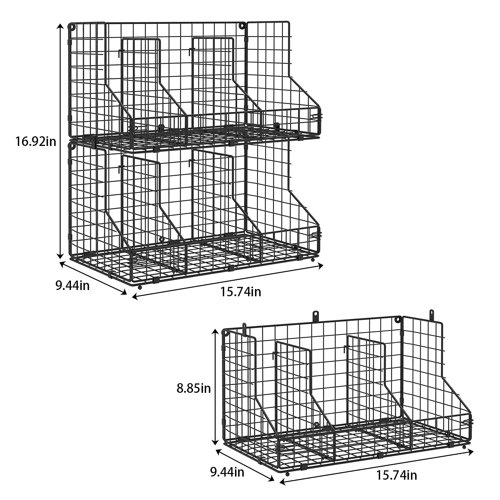 X-cosrack XXL Stackable Wire Baskets for Pantry Organizers and Storage, 2 Pack Snack Organizer Baskets with 4 Removable Dividers, Metal Pantry Storage Bins for Snack Canned Spice Food, Black