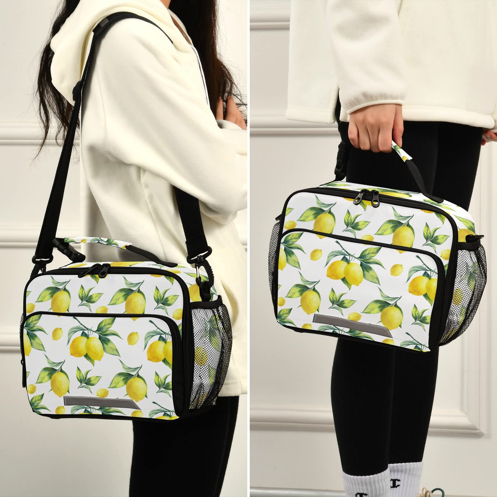 VIGTRO Vintage Lemon Spring Lunch Bag, Leak-proof Durable Lunch Box with External Mesh Bottle Holder, Reusable Insulated Lunchbox Tote/Cooler Bag for Kids Age Over 3 Years Old