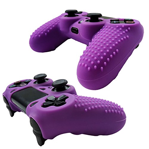 PS4 Controller Grips,Pandaren Studded Anti-Slip Silicone Cover Skin Set Compatible for PS4 /Slim/PRO Controller(Skin x 2 + FPS PRO Thumb Grips x 8)(Green, Purple)