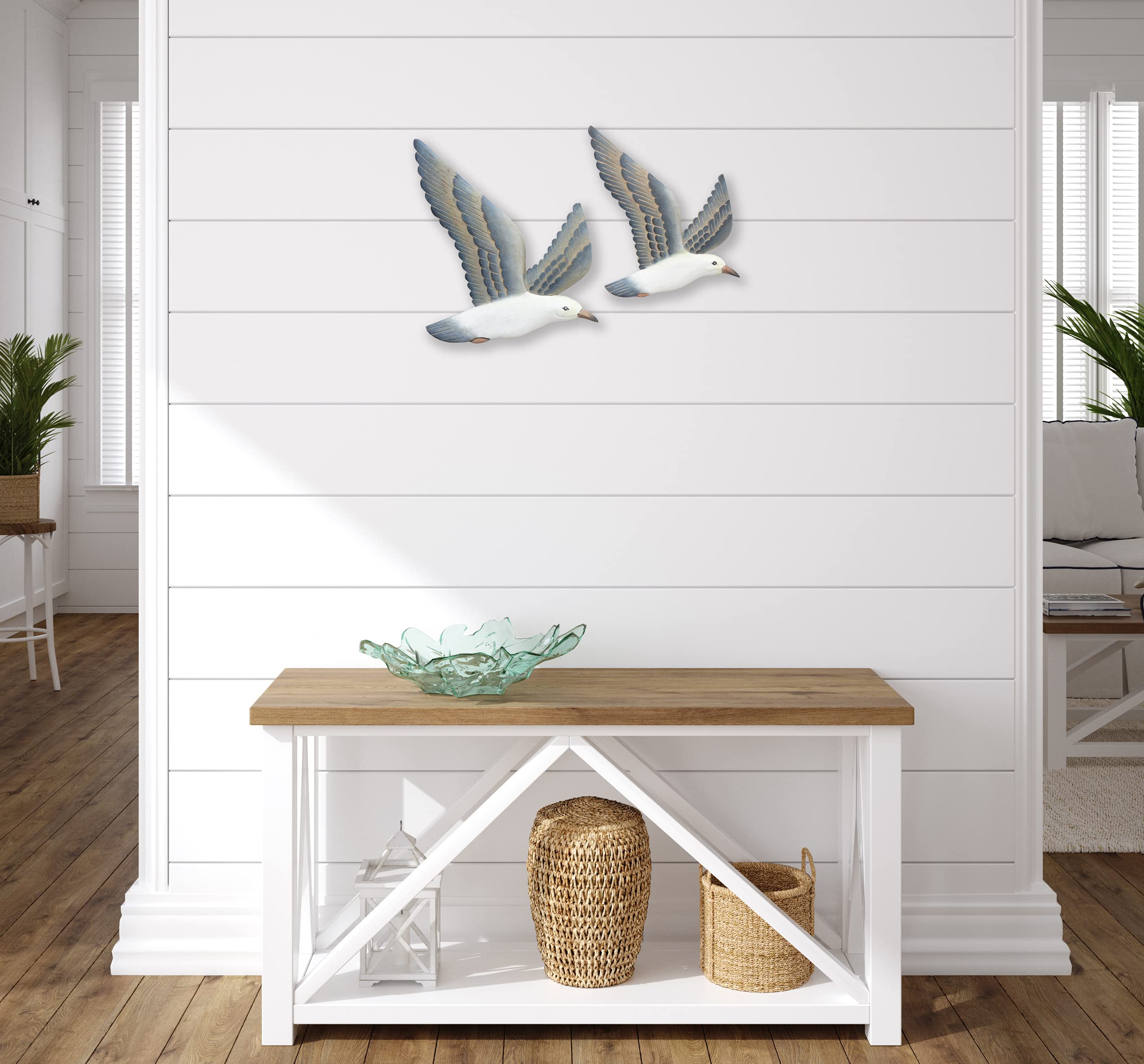 T.I. Design Hand-carved Wood Flying Seagull Wall Décor Set of 2 | Coastal Nautical Rustic Beach Wall Art 2 Pieces