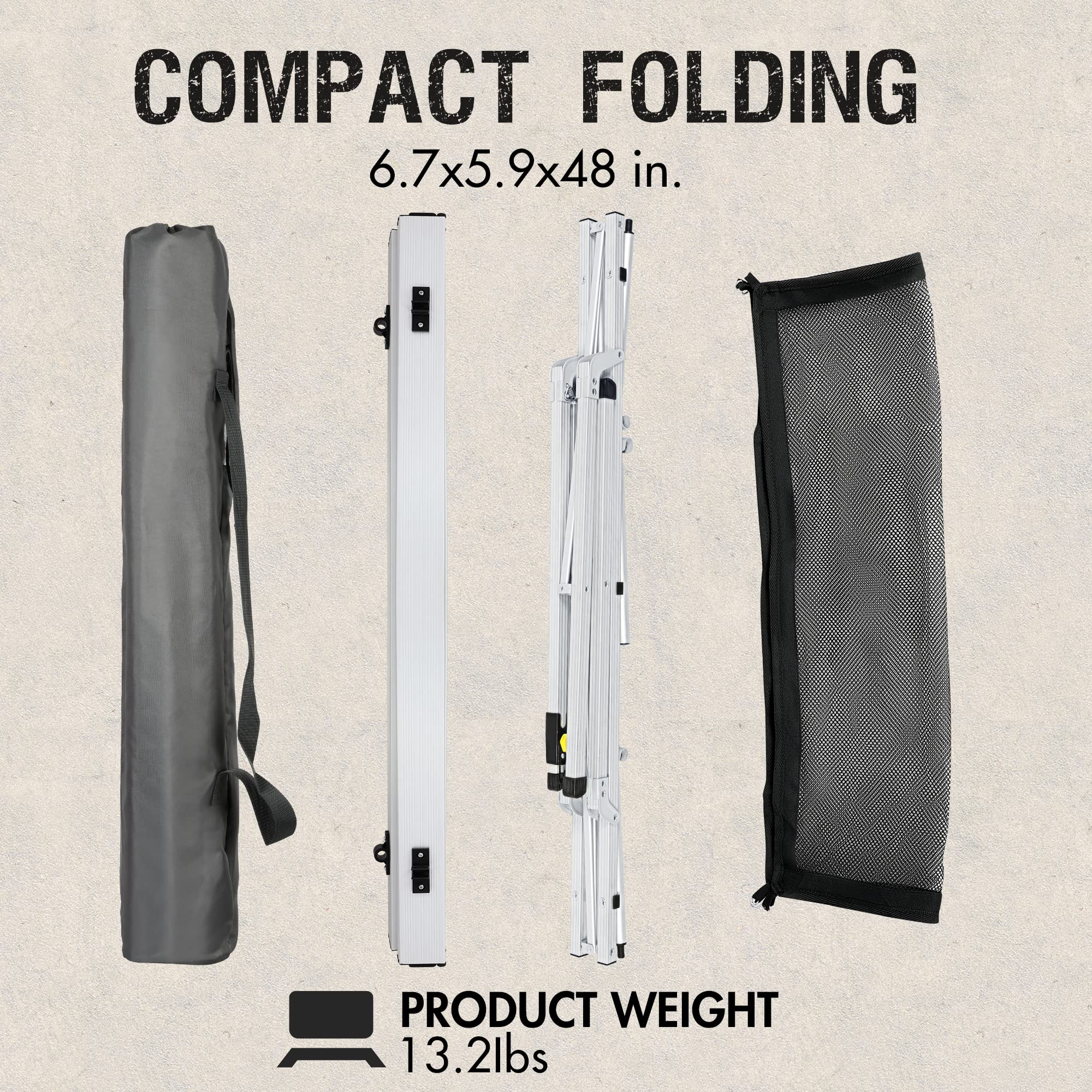 PORTAL Portable Camping Table Aluminum Folding Camp Table Roll Up Table with 1 Adjustable Leg, Mesh Layer and Carry Bag for Outdoor, Picnic, Grill, Kitchen, Silver, Large Space (47.2 x 27.6 inch)