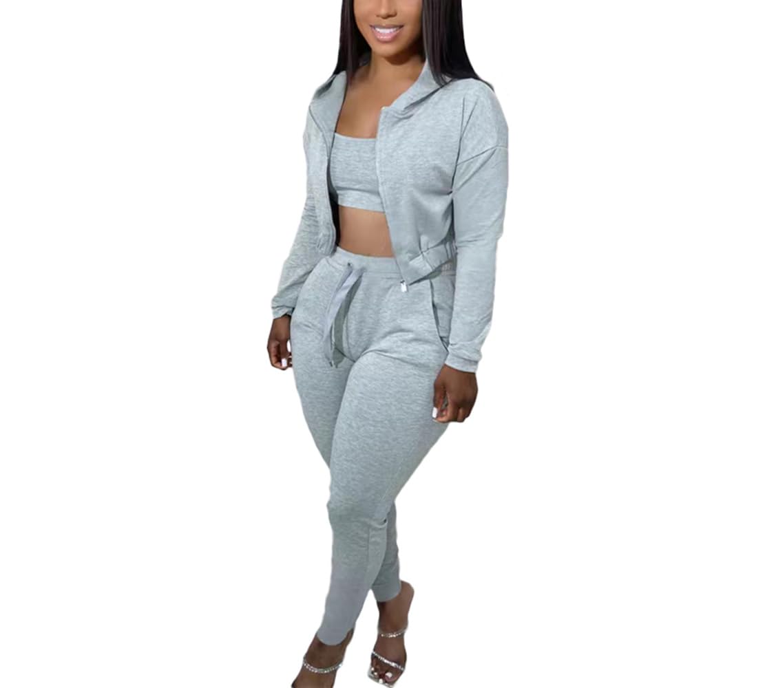 Womens Long Sleeves 3 piece Outfits Zip Up Jacket Crop Top + Tanks + Long Pants Sweatsuits Tracksuit Workout 2 Piece Set