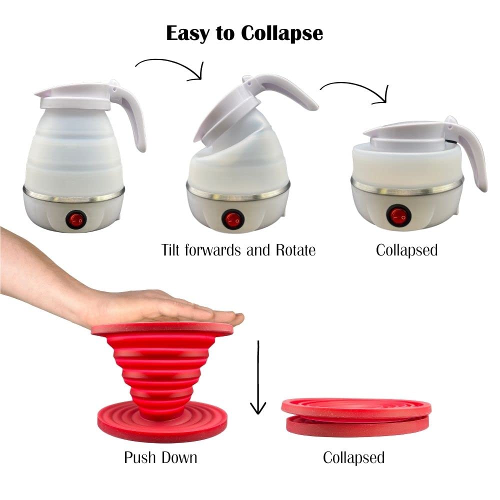 Portable collapsible electric kettle, small travel foldable BPA free fast water boiling tea kettle, dual voltage, 600ml with collapsible pour over coffee dripper and waterproof storage bag