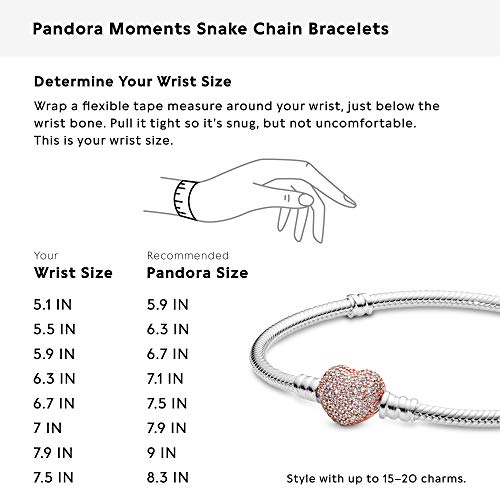 Pandora Jewelry - Moments Pave Heart Clasp Snake Chain Cubic Zirconia Bracelet - Gift for Her - Pandora Rose - 6.7"