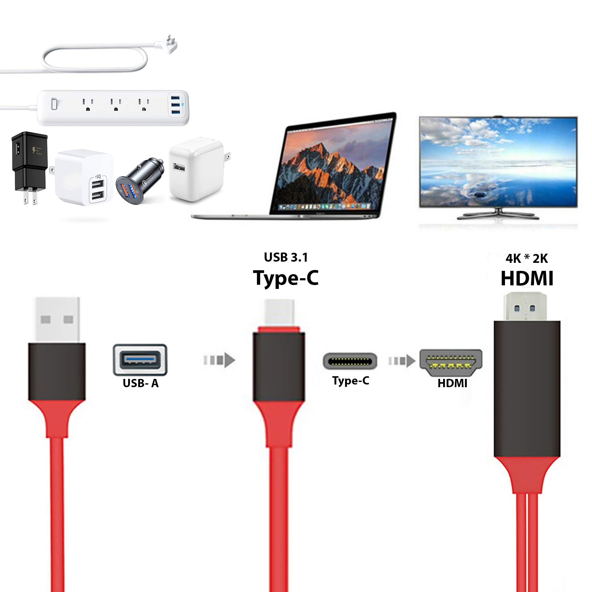 Tek Styz Powered USB-C 4k HDMI Cable Compatible with Motorola One Action Plus USB Charging at Max 2160p@60Hz, 6Ft/2M Cable [Red, Thunderbolt 3]