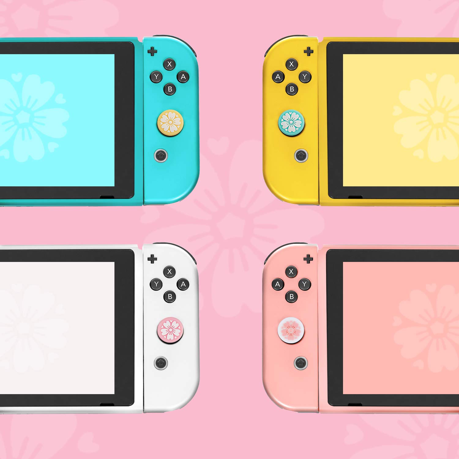 Sunmind 16 Pieces Sakura Flower Thumb Grip Cover, Thumb Grip Thumb Stick Grips Silicone Cover Compatible with Nintendo Switch and Lite, Joy-Con Controller (Pink White Turquoise Yellow)