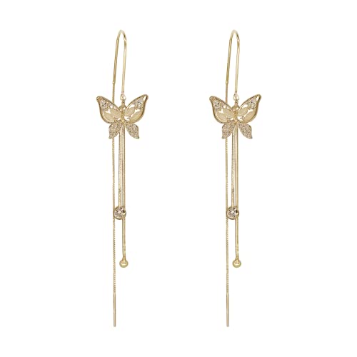 Sonateomber Long Gold Rhinestone Butterfly Threader Chain Dangle Tassel Earrings for Women – Cubic Zirconia Drop Chandelier Fringe Waterfall Dangling Jewelry Gift