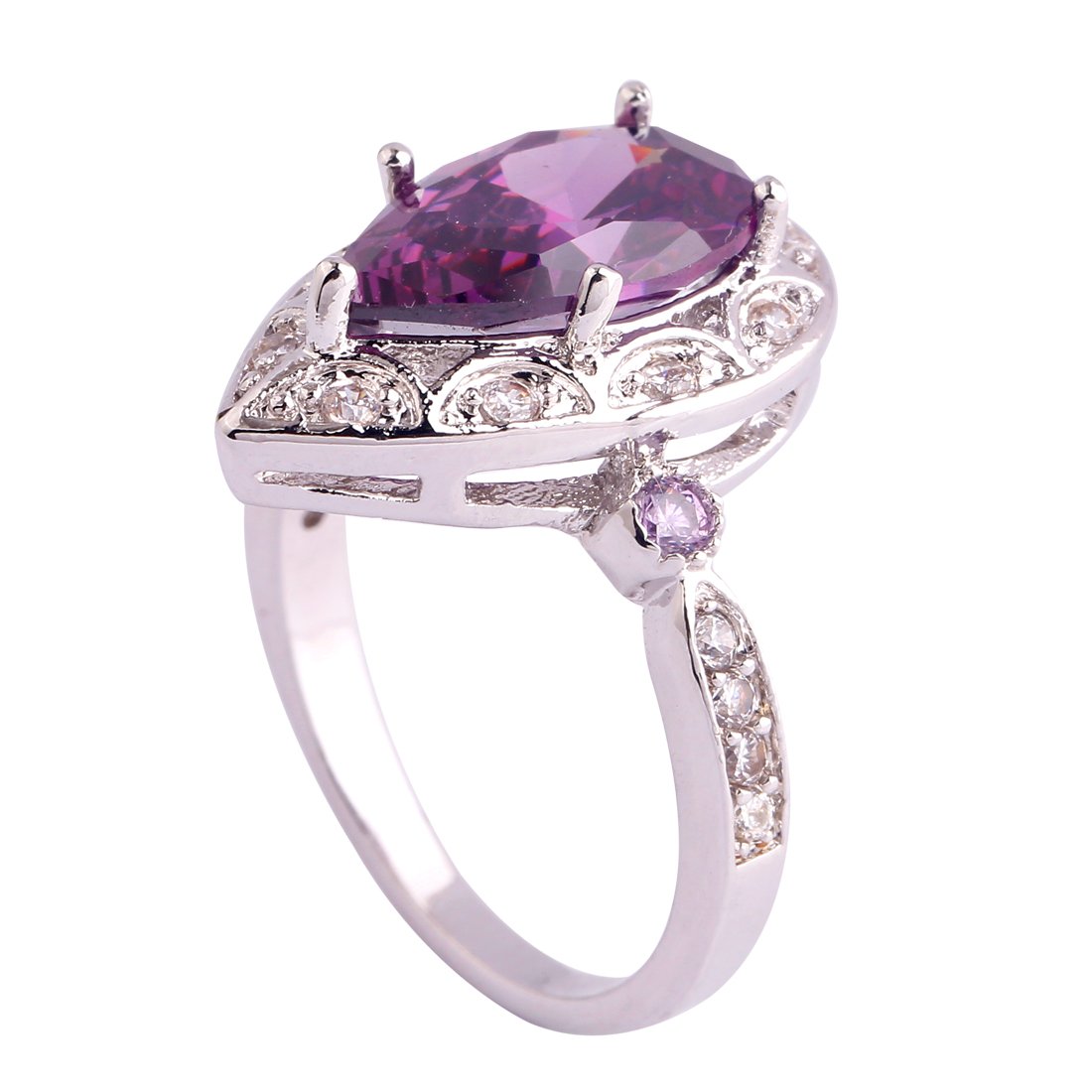 Psiroy 925 Sterling Silver Plated Created Amethyst Filled Pear Shaped Halo Anniversary Ring Size 8