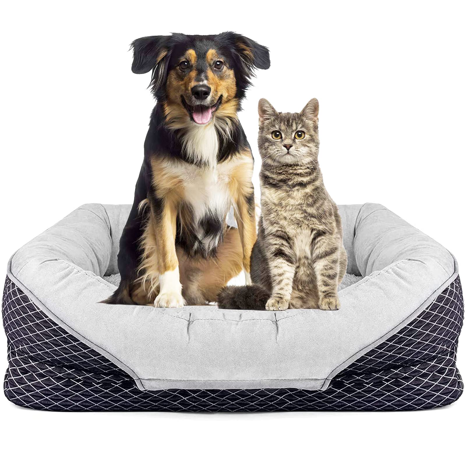 Pet Deluxe Large Gray Diamond Orthopedic Dog Bed with Removable Washable Cover,Soft Cotton Bolster, and Ultra Soft Plush Sleeping Space -(L-41x28 in)