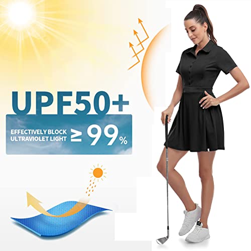Soneven Women Golf Tennis Polo Dress Short Sleeve Workout Athletic Dresses with Pockets Black
