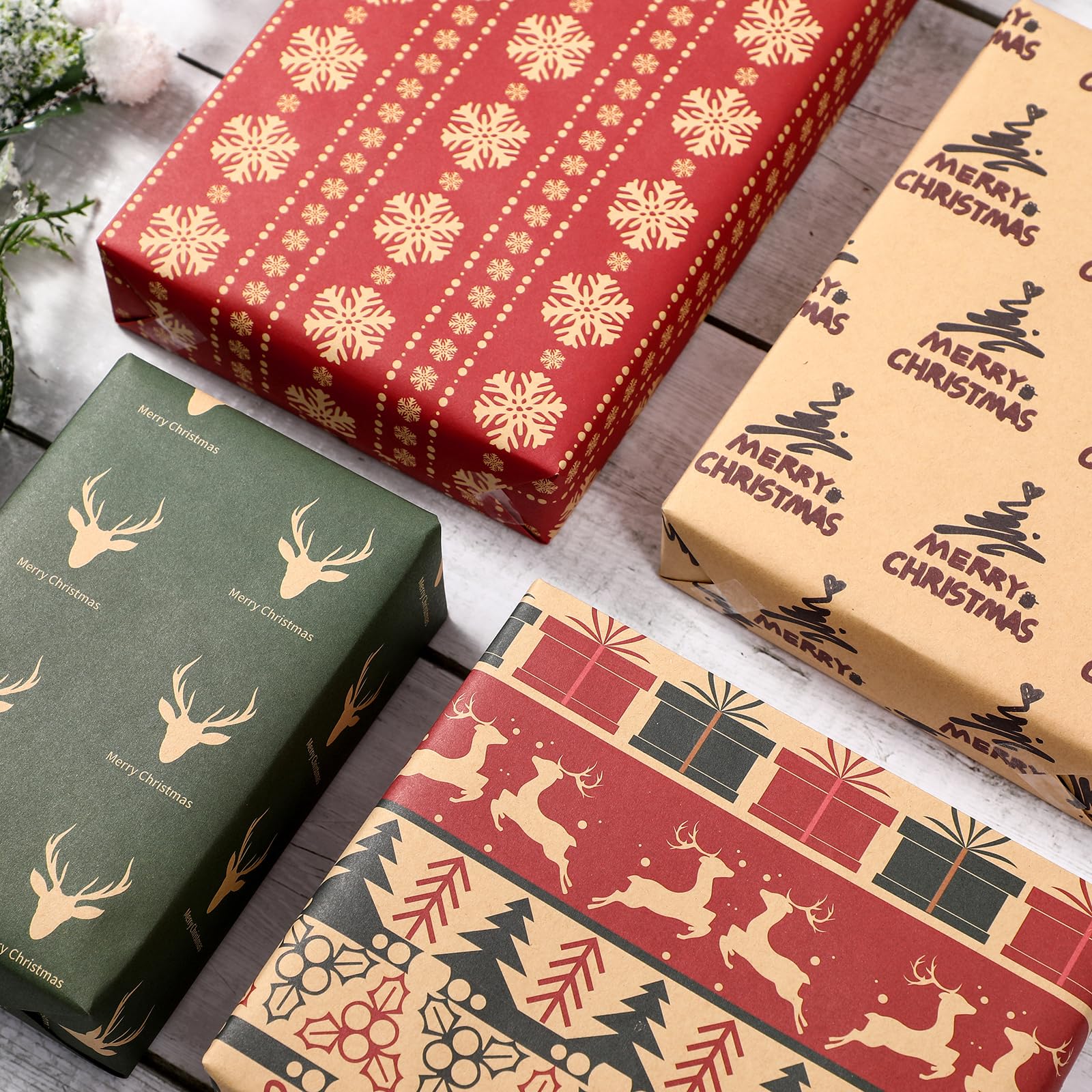 PlandRichW Christmas Wrapping Paper 12 Sheets of Folded Brown Kraft Paper with Red and Green, Greetings, Snowflakes, Reindeer, Christmas Tree Elements Series, 20 X 29 Inches Each
