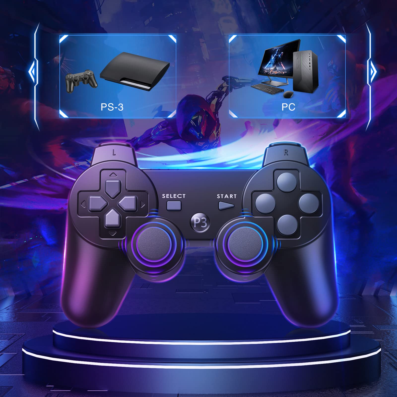 Powerextra Wireless Controller for PS3, 2 Pack High Performance Gaming Controller with Upgraded Joystick Double Shock for Play-Station 3 (Black and Blue)