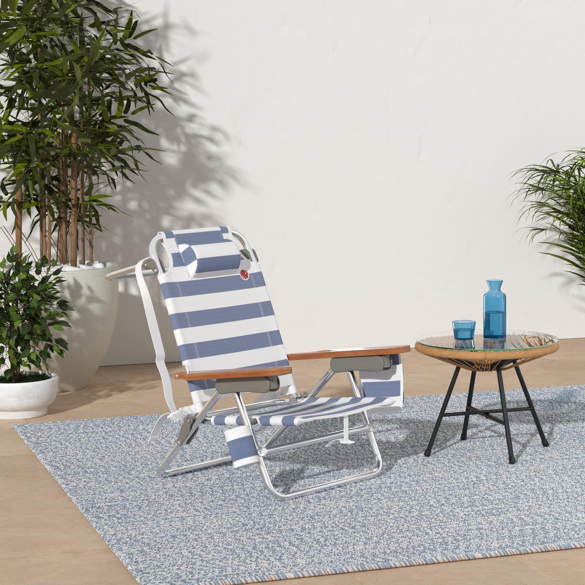 OmniCore Designs Multi-Position Wood Arm Beach Chair (2-pk) | Headrest, Media Organizer Pocket, Cup Holder, textilene Fabric, Dual Backpack Carry Straps | Outdoor Patio and Camping Chair
