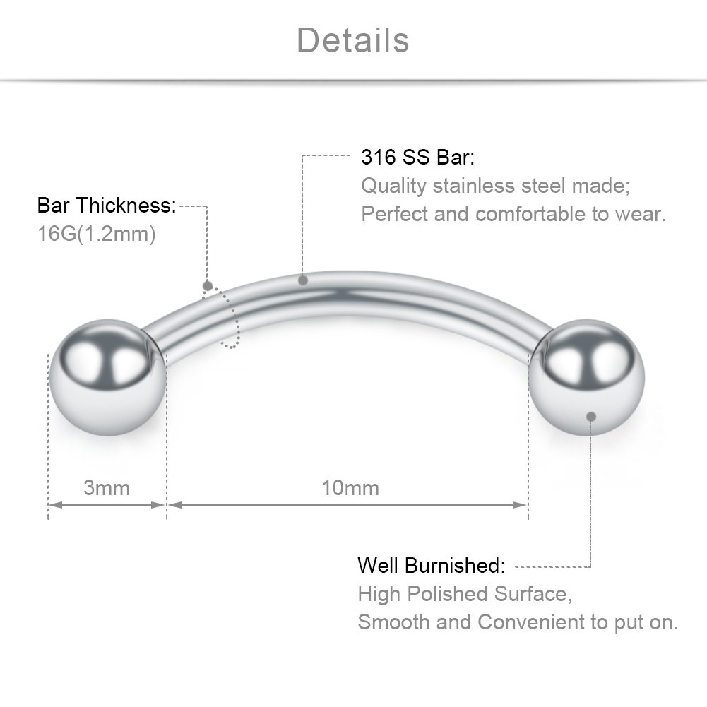 SCERRING 6PCS 16 Gauge 10mm Stainless Steel 3mm CZ Gems Shiny-Ball Curved Barbell Curved Barbell Eyebrow Cartilage Tragus Belly Lip Ring Studs - Silver