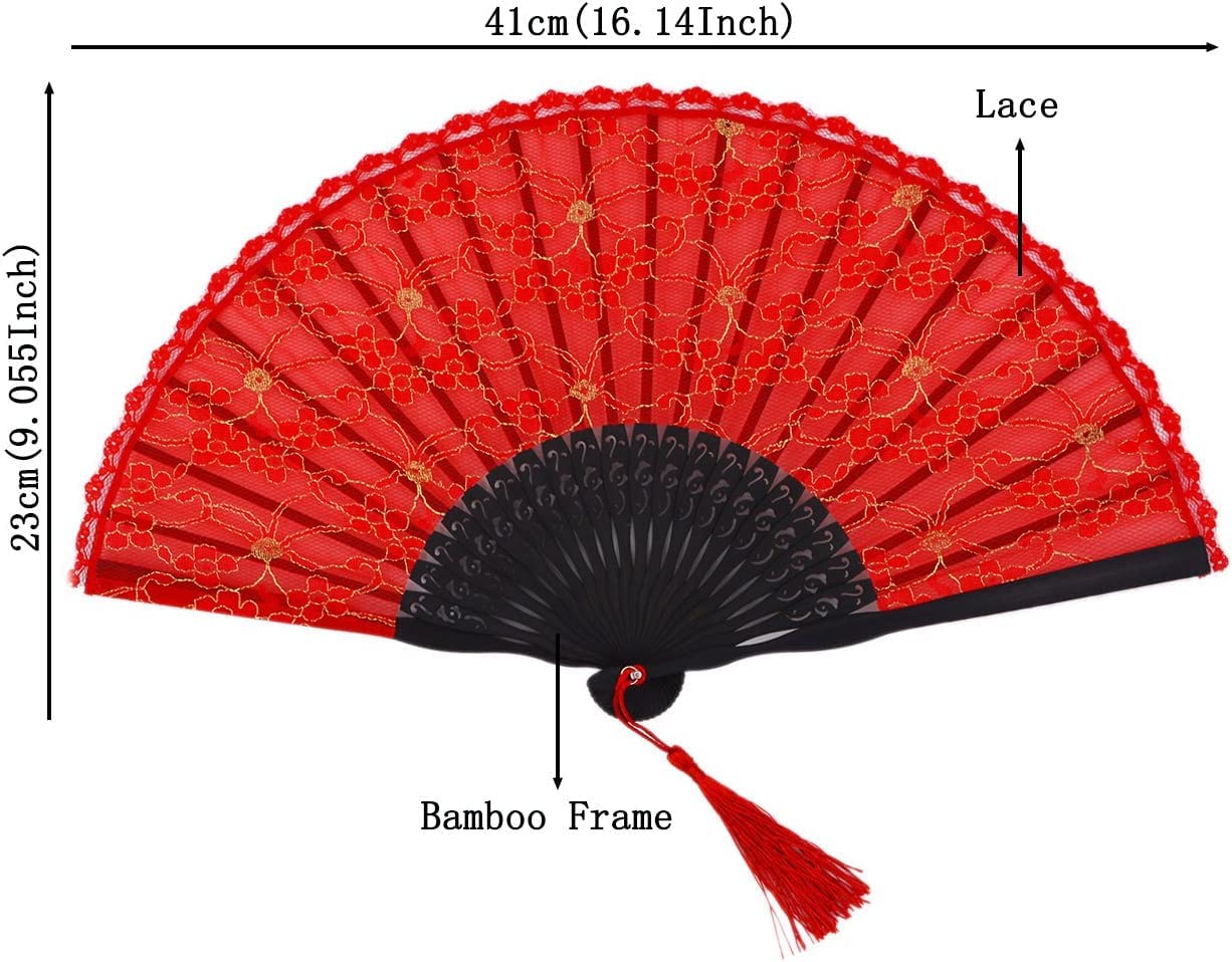 Womens Multi Color Handmade Cotton Lace Folding Hand Fan (Black-A) (Red-a)