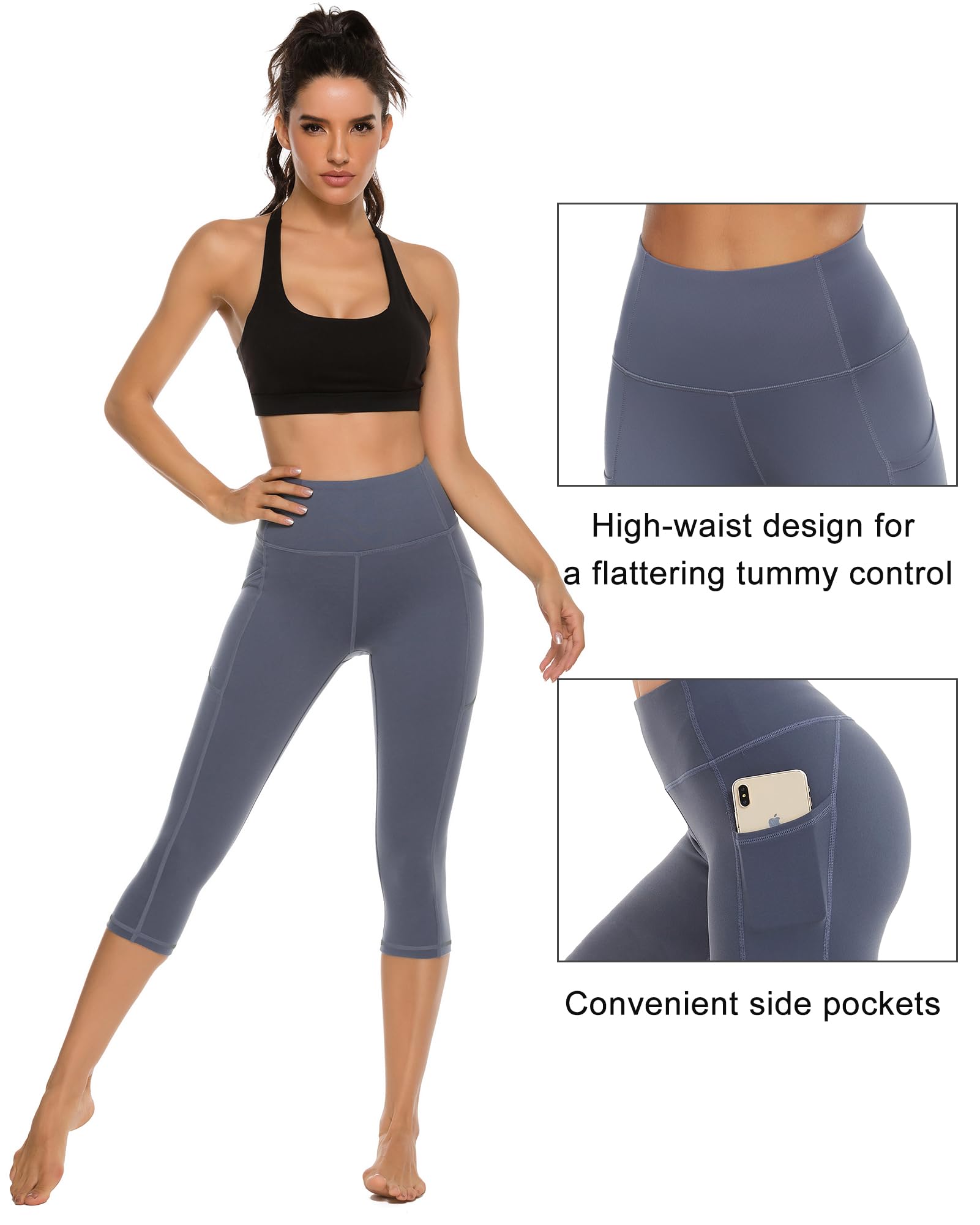 Stelle Womens High Waisted Legging Yoga Pants with Pockets for Gym Workout (Cotton Like Softness-Grey Blue, Large)