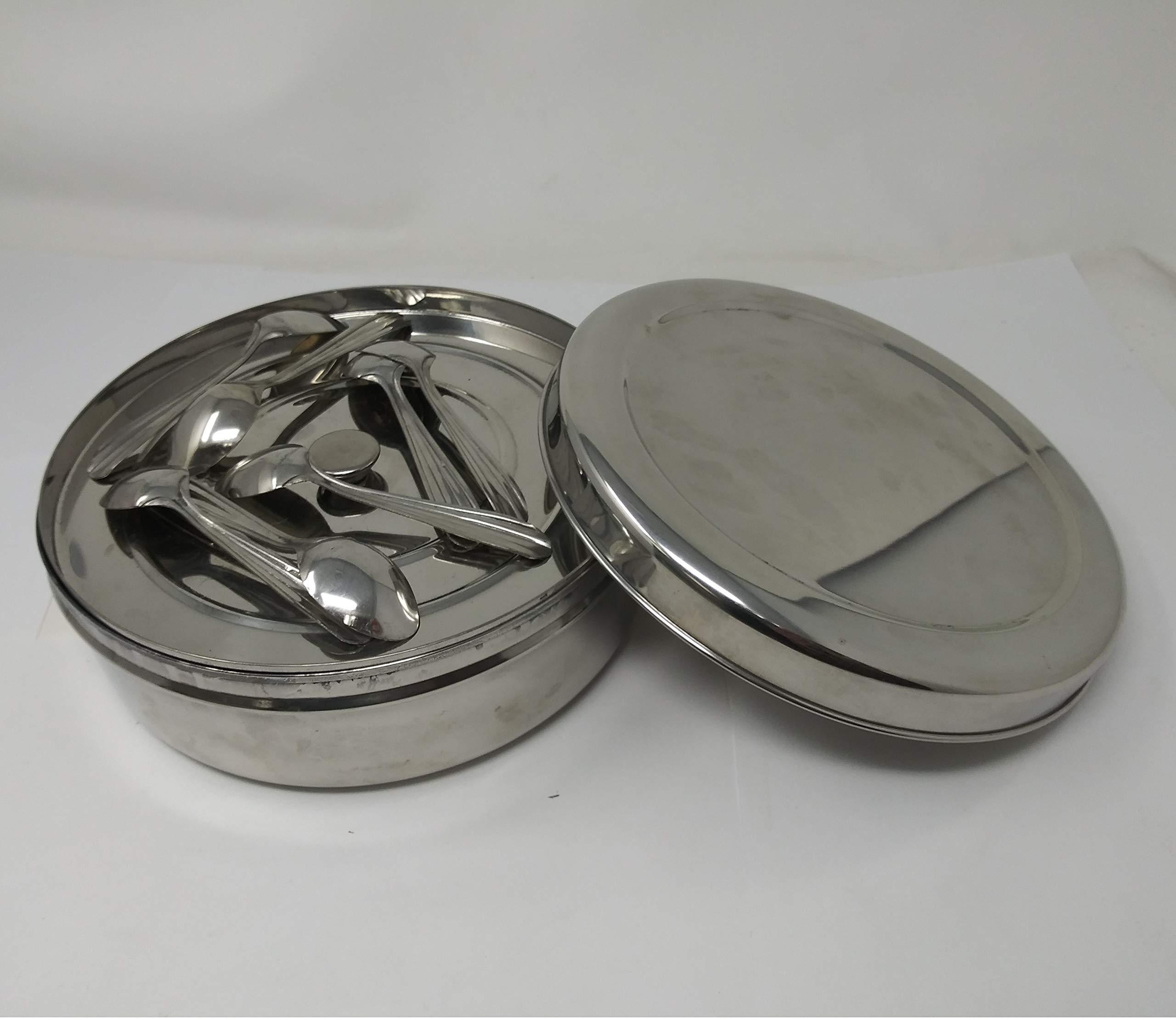 Tabakh Satinless Steel Sada Masala Dabba Spice Container Box - 7 Containers & 7 Spoons - 8-Inches