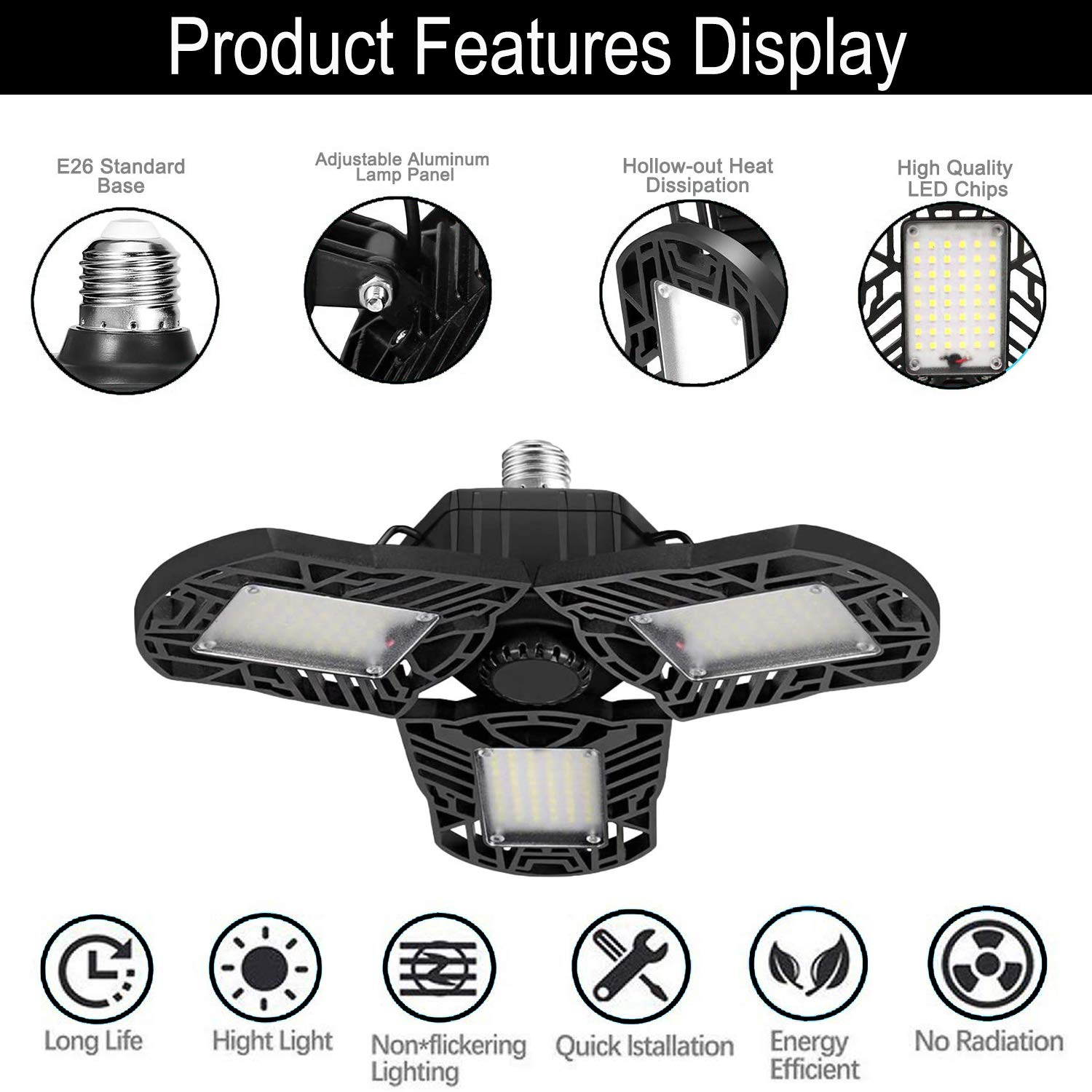 RGZZUP 6 Pack LED Garage Lights 80W,Three Panel Deformable Garage Lighting,8000LM High Bright LED Garage Light 6000K 110V E26/E27 Super Bright Adjustable LED Ceiling Lights for Garages Warehouse