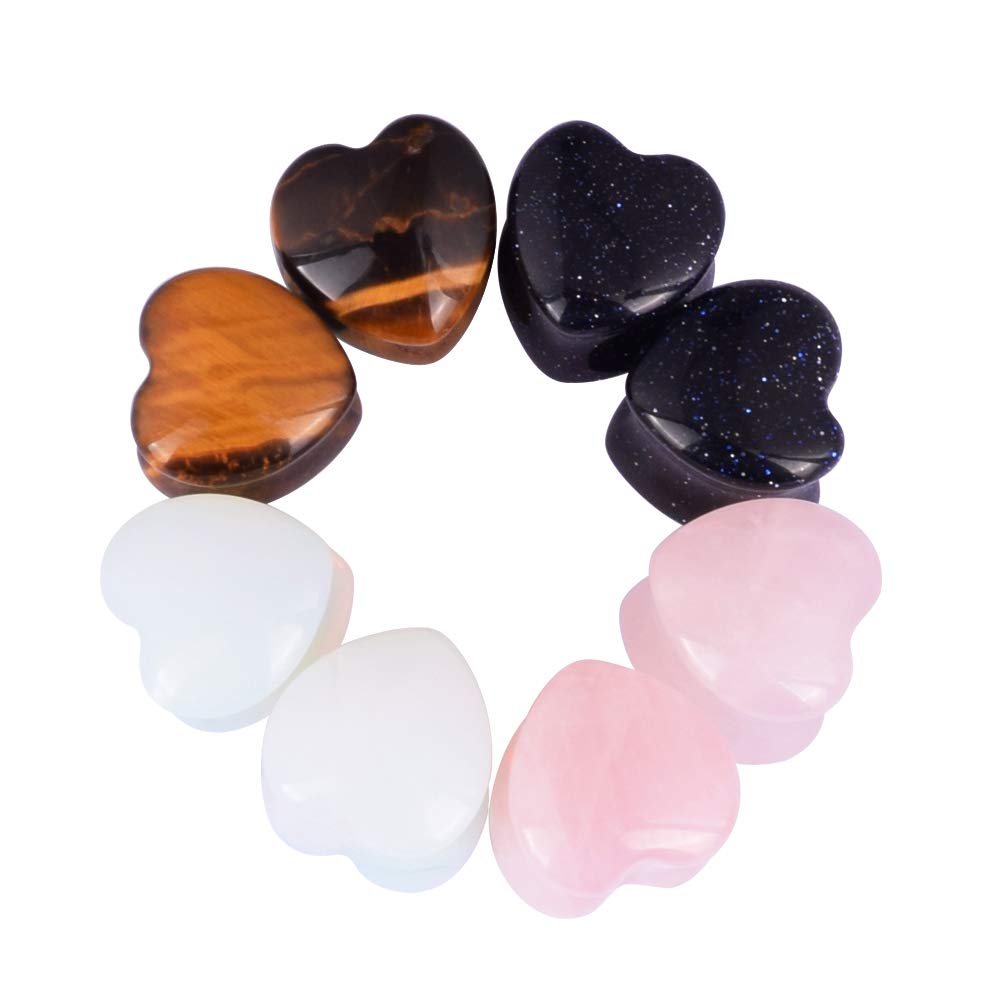 Oyaface 8 PCS Heart Shaped Natural Stone Ear Plugs Set Piercing Gauges Black Pink Blue White 00G(10mm)