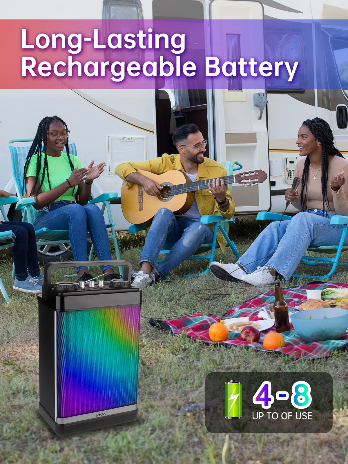 RHM K112 Karaoke Machine with 6 Color Change, Portable Bluetooth Speaker with Microphone, LED Lights & Rechargeable Battery, Support Bluetooth/AUX/USB/SD/FM Radio for Home, Party, Picnic