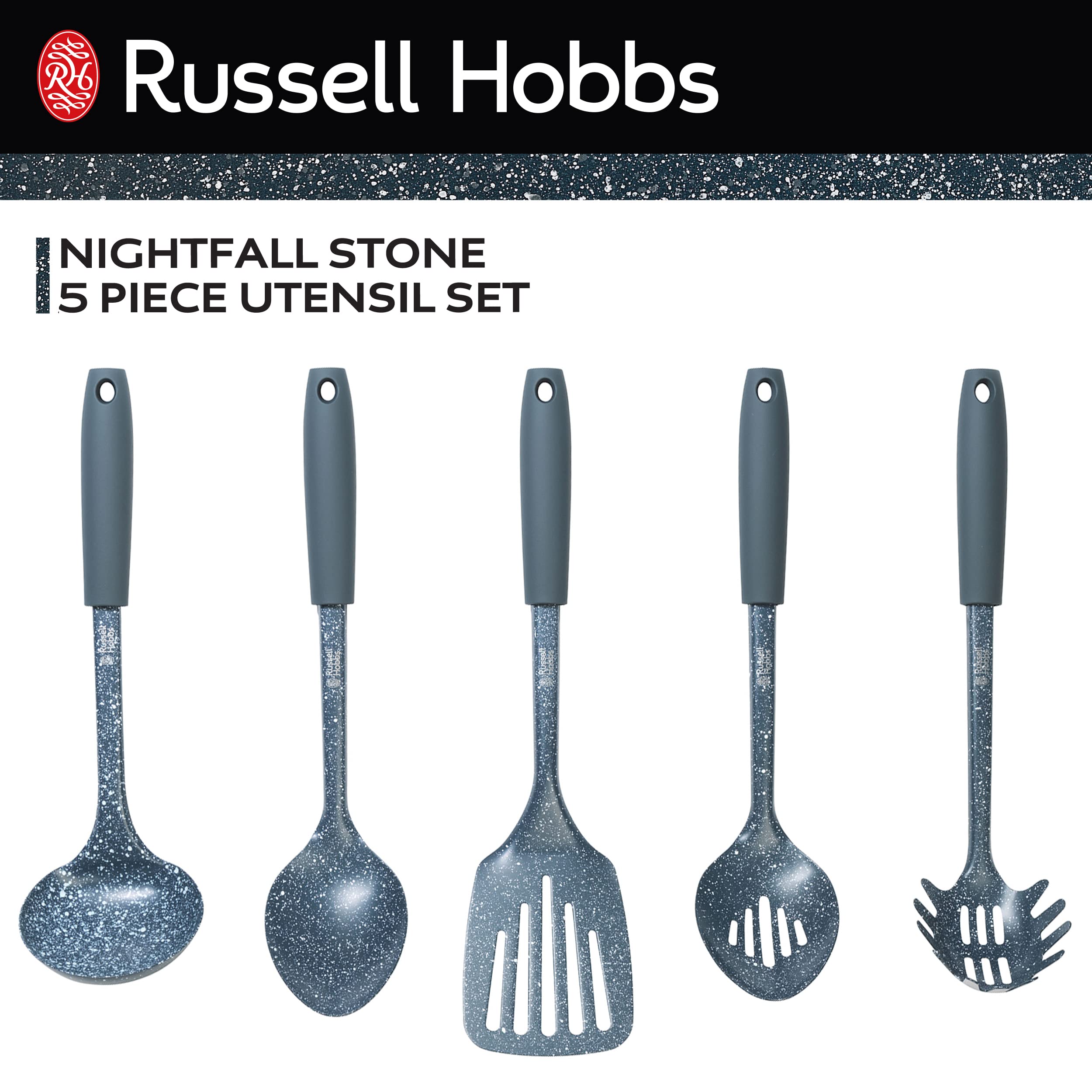 Russell Hobbs RH01401 5 Piece Kitchen Utensil Set, Stainless Steel, Non-Stick, Spatula, Spaghetti Server, Ladle, Slotted and Solid Spoon, Soft-Touch Handles, Nightfall Stone Collection, Blue Marble