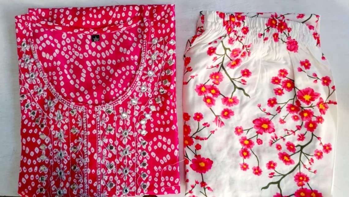Paru Fabrics Women's Cotton Printed Straight Embroidery Kurti with Pant (XL) Pink, X-Large