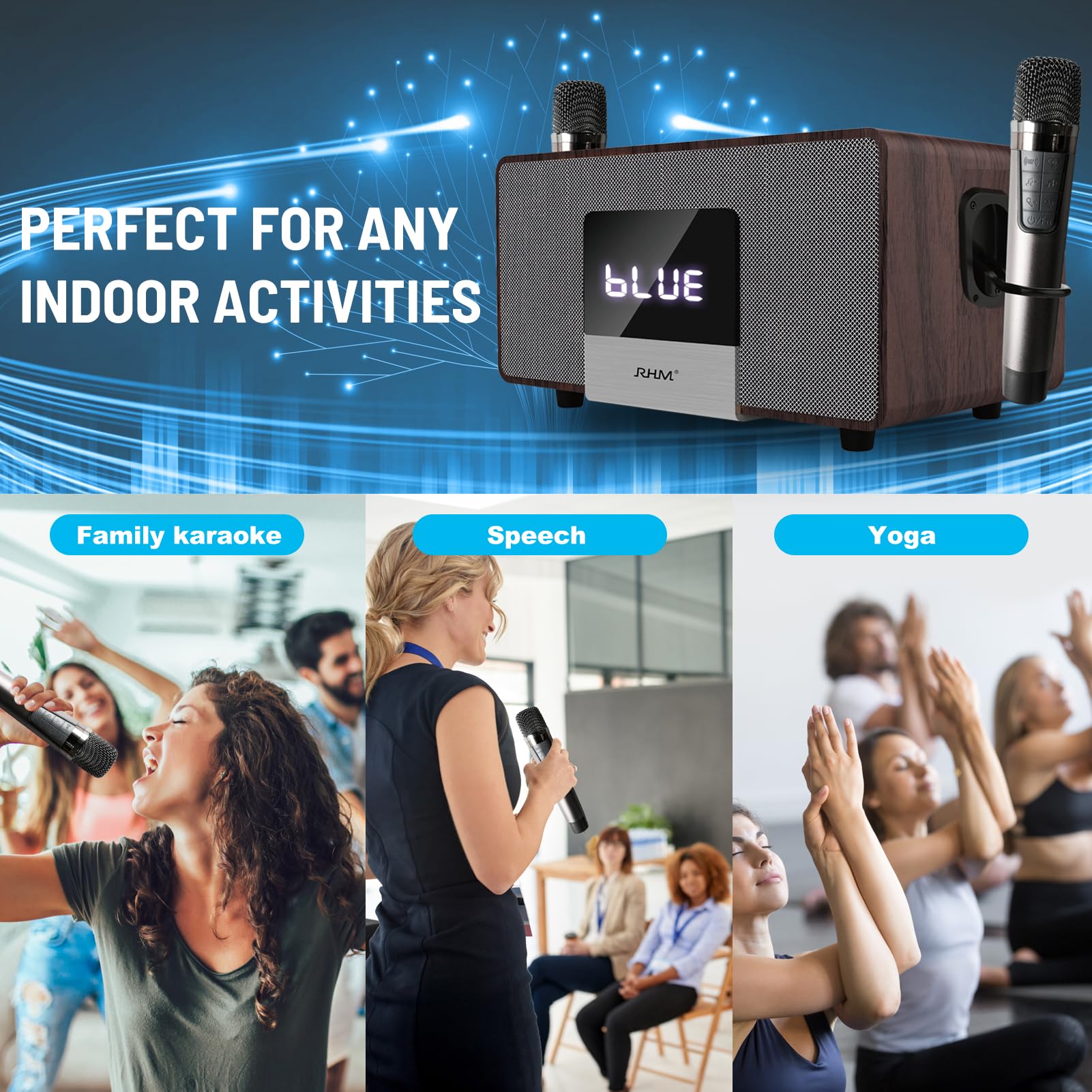 RHM K222 Karaoke Machine with 2 UHF Wireless Microphones & 5 Sound Modes, Support Optical/Bluetooth/AUX/USB/PC, Wooden Home Karaoke Singing Machine for TV, Home, Karaoke, Singing Party, Christmas