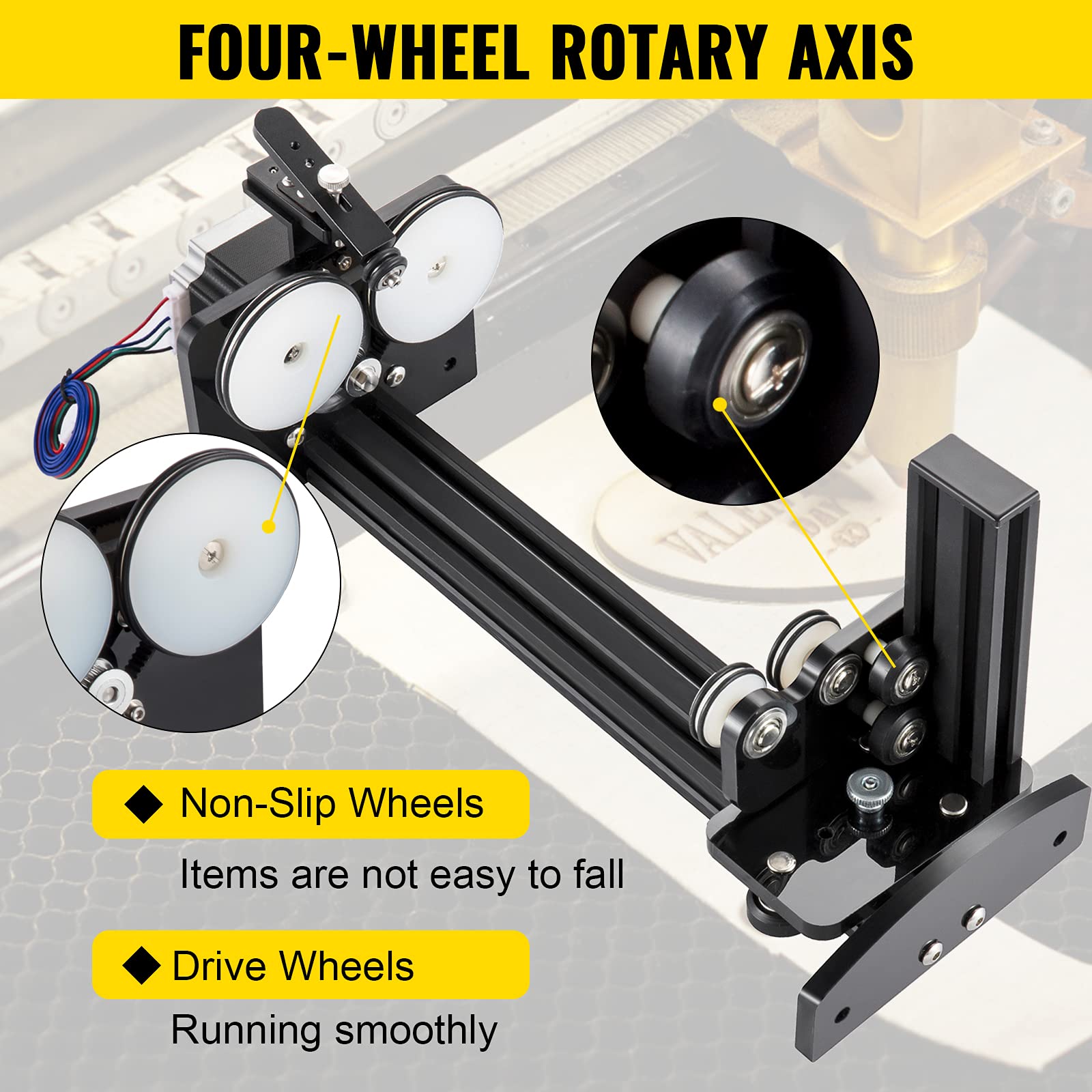 VEVOR Rotary Axis Attachment, 4 Wheels Laser Rotary Attachment, 57 Stepper Motor Laser Cutter Rotary, 50 mm-350 mm Carve Length for Engraving Cutting Machine Spherical Carving Cylinder Carving