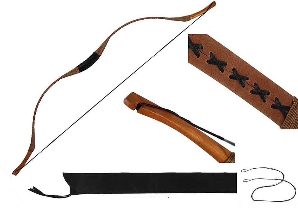 PG1ARCHERY Traditional Archery Recurve Bow Longbow Basic Handmade Pig Leather Horsebow Long Bow Left and Right Handed for Hunting Practice Target 65lbs