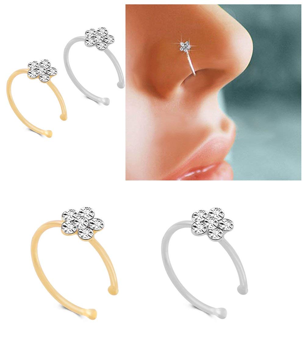 Qiaoying Silver Gold Thin Diamond Flower Clear Crystal Nose Ring Stud Hoop-Sparkly Crystal Nose Ring (2 pcs)