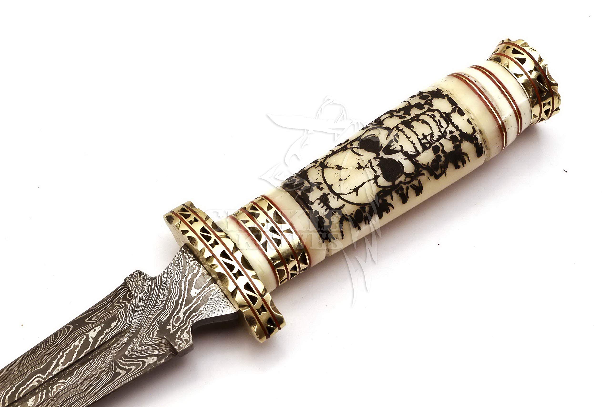 Skokie Knives Custom Hand Made Damascus Steel Hunting Dagger Knife Handle Camel Bone with Scrimshaw